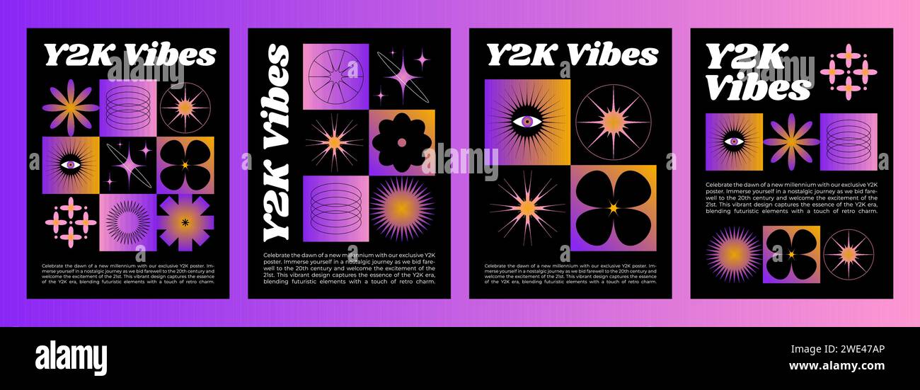 Set of y2k groovy black and purple posters. Vector realistic ...