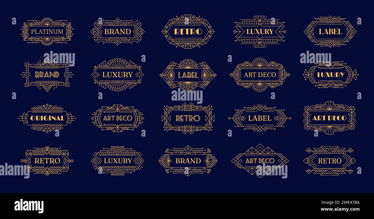 Golden art deco frames, vintage borders and labels, modern geometric ...