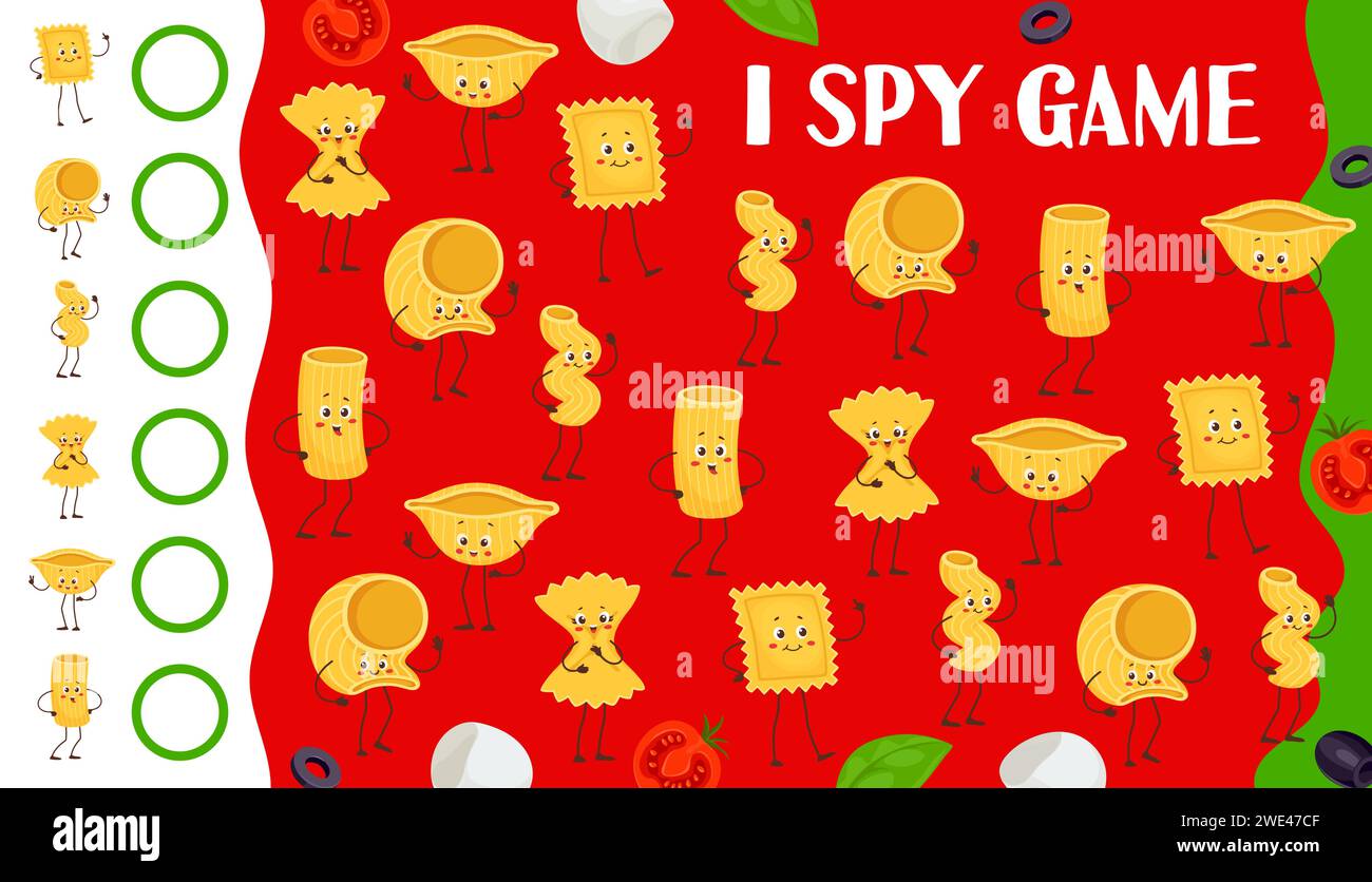 I spy game. Cartoon funny italian pasta characters kids quiz puzzle ...