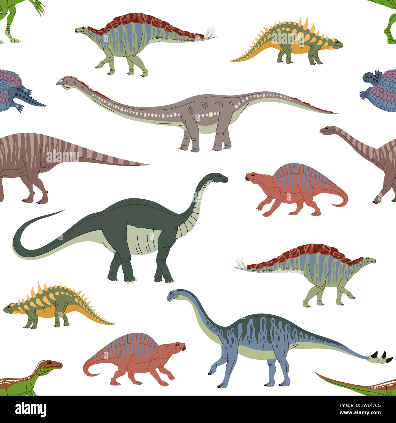 Cartoon dinosaur characters seamless pattern. Cute dino animal ...
