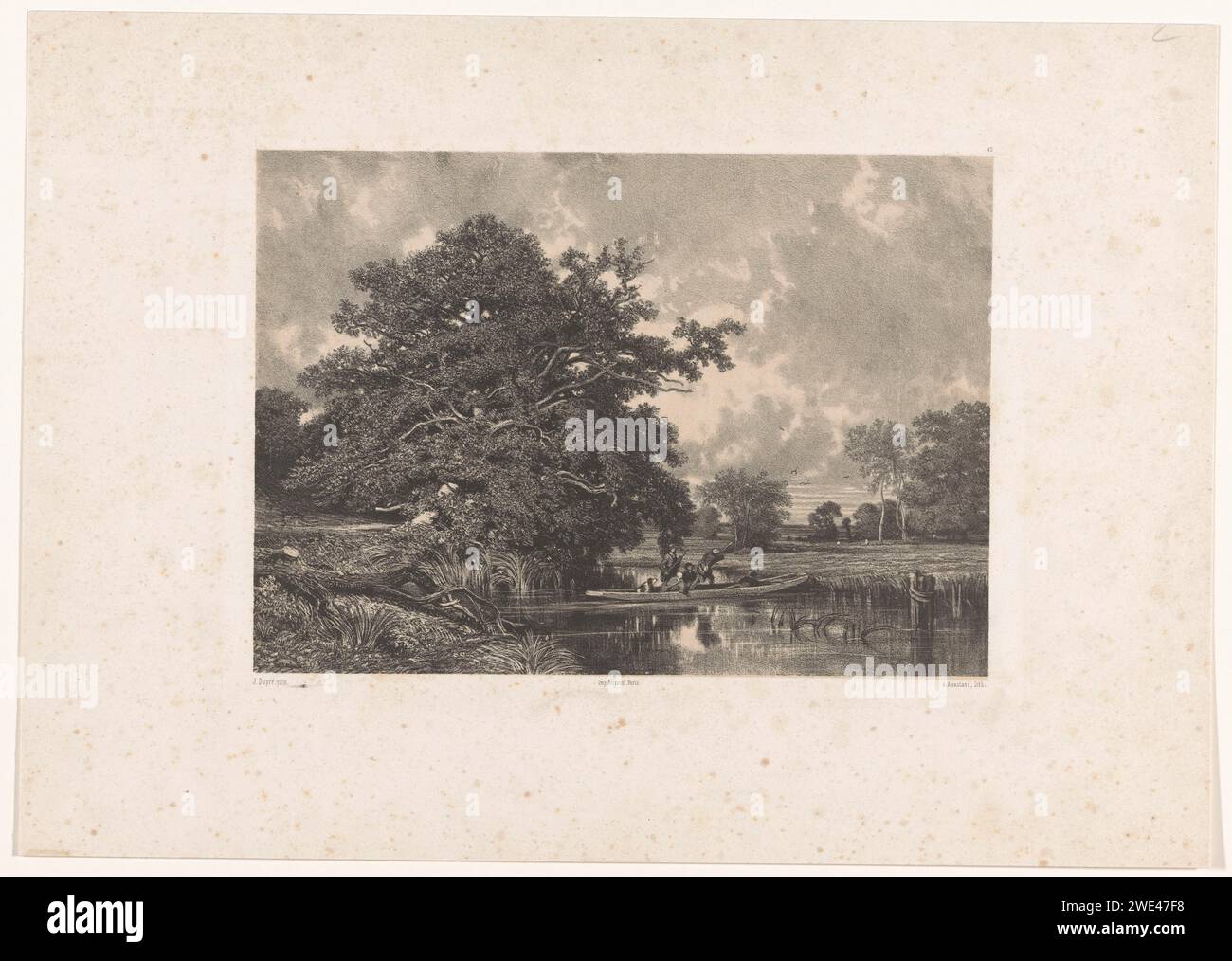 River landscape with hunters in a boat, Auguste Paul Charles Anastasi ...