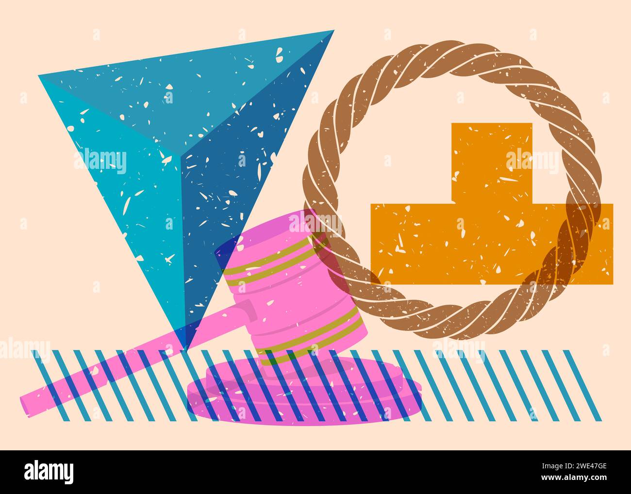 Risograph Gavel with geometric shapes. Objects in trendy riso graph print texture style design ...