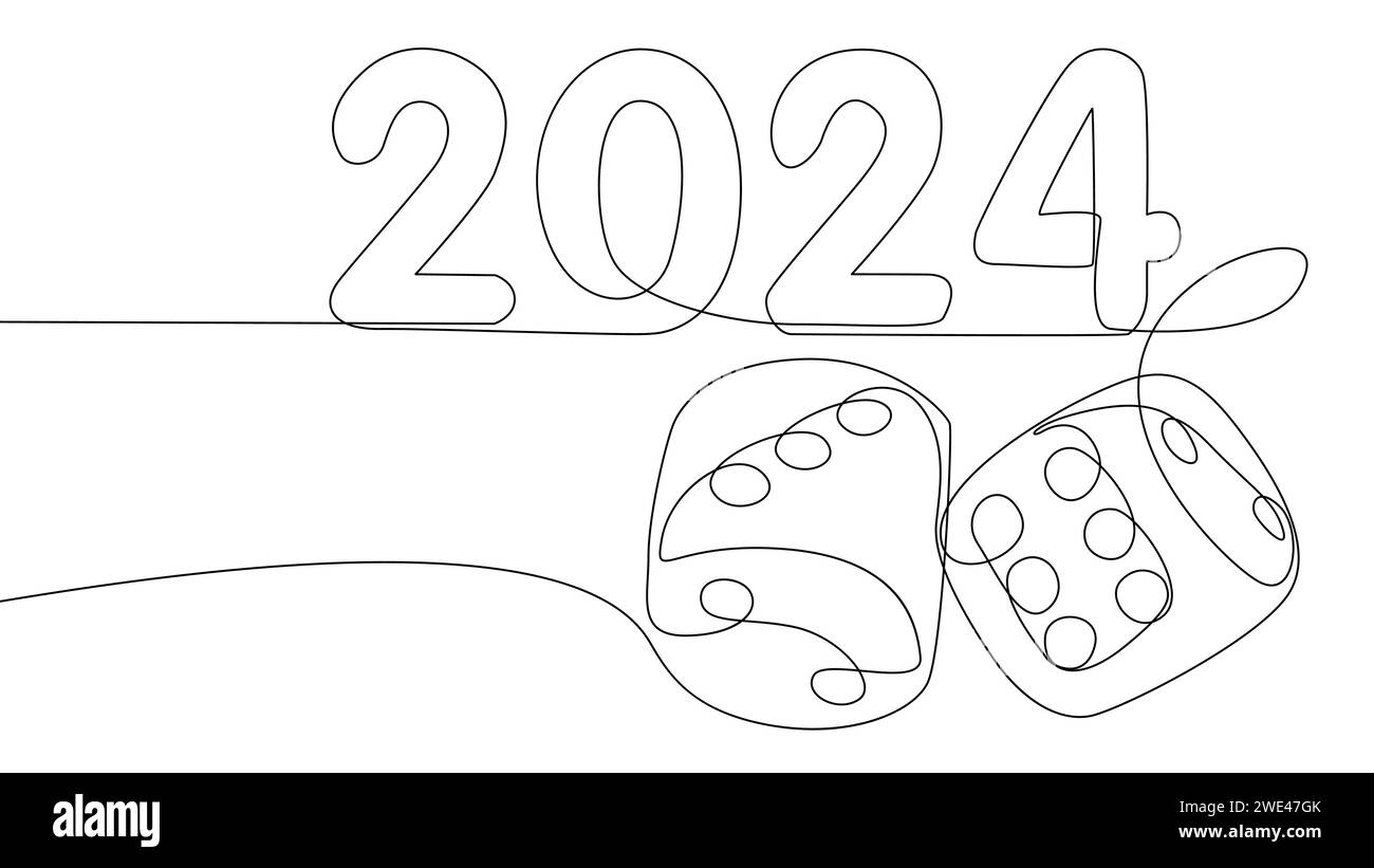 One continuous line of dice with number 2024. Thin Line Illustration ...