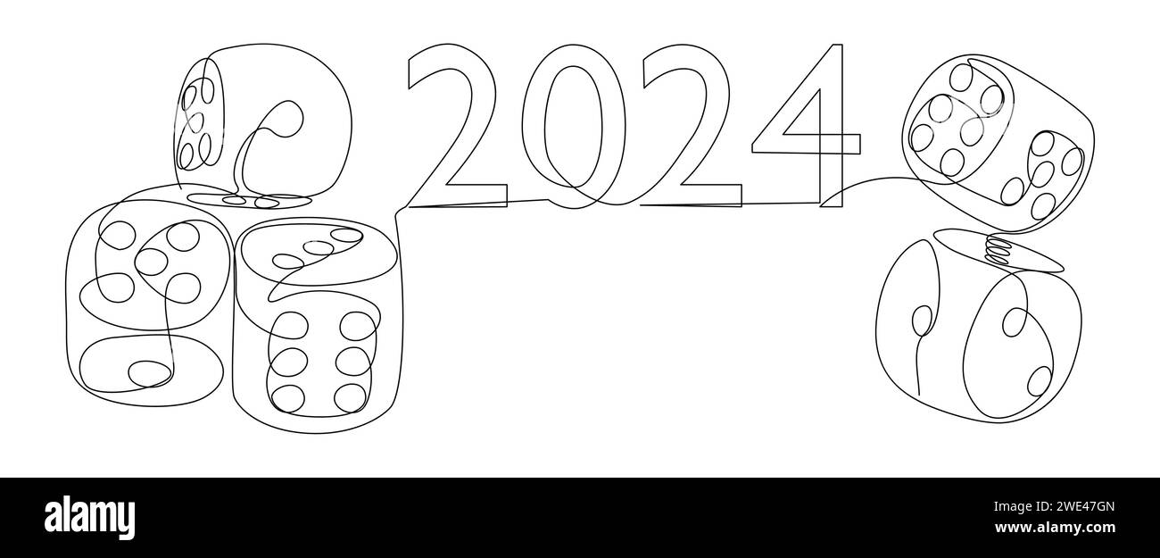 One continuous line of dice with number 2024. Thin Line Illustration ...