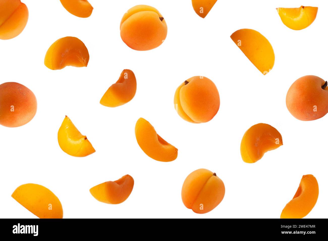Falling apricots isolated on white. Background of apricot fruit. Sweet ...