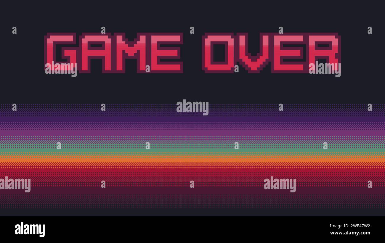 Retro Game Over pixel art text with vibrant colors gradient on dark ...