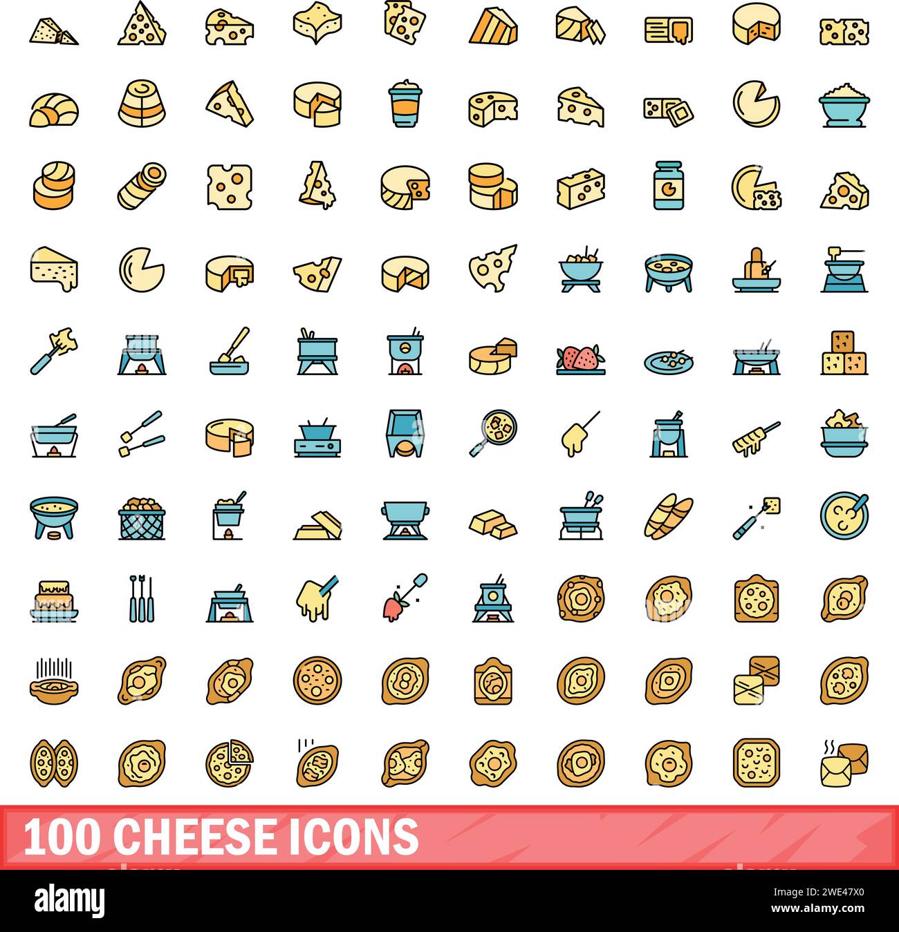 100 cheese icons set. Color line set of cheese vector icons thin line ... 100 cheese icons set. Color line set of cheese vector icons thin line ...