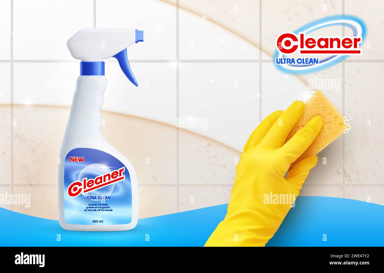 Tile cleaner 3d vector promo banner with hand in rubber glove rubs ...
