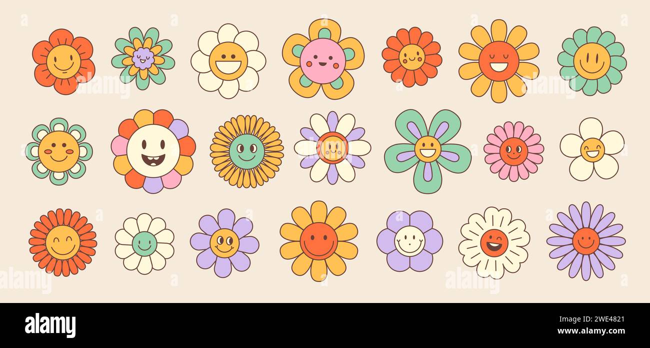 Retro groovy hippie daisy sunflower flower characters set. Isolated ...