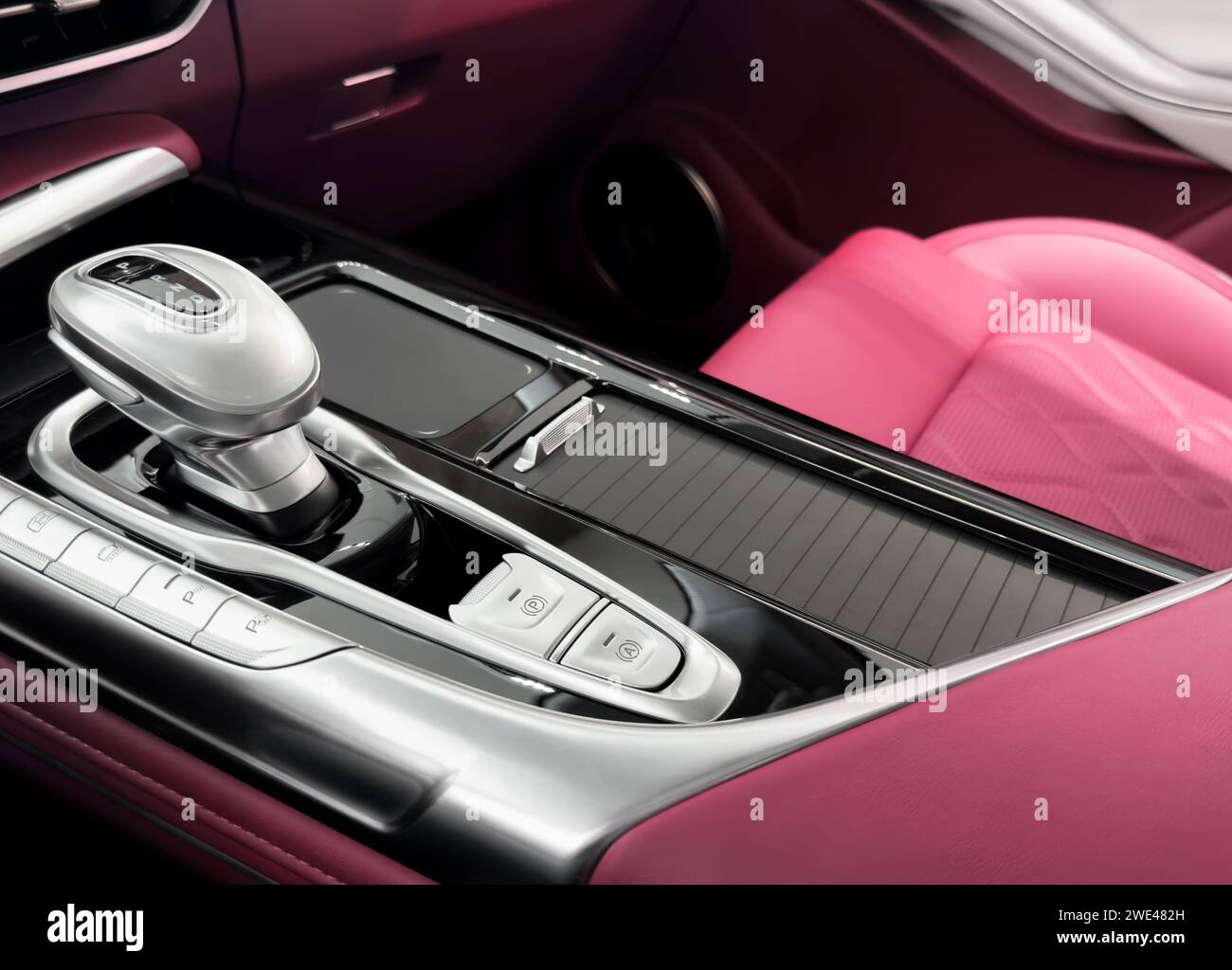 Automatic gear stick of a modern car. Modern car interior details ...