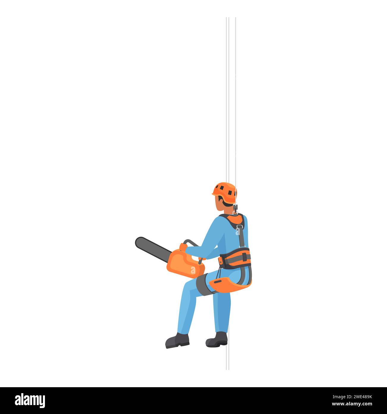Rope access worker working at height, man in helmet and uniform holding ...
