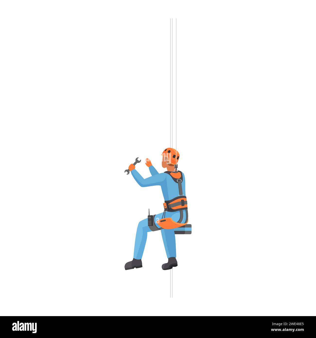 Industrial climber holding wrench, worker hanging on ropes to work at ...