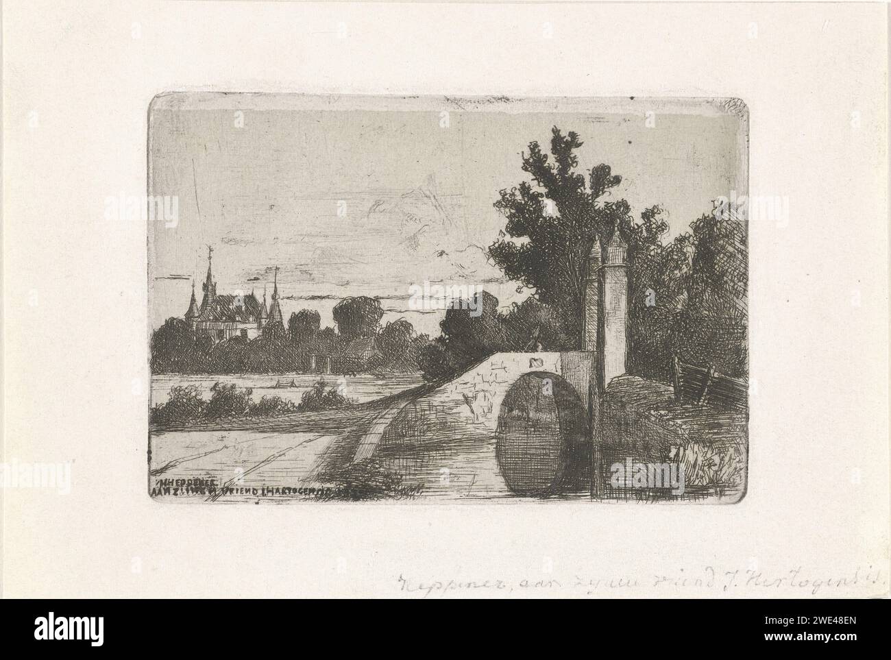 Landscape with stone bridge and castle, Jan Heppener, c. 1855 print The ...
