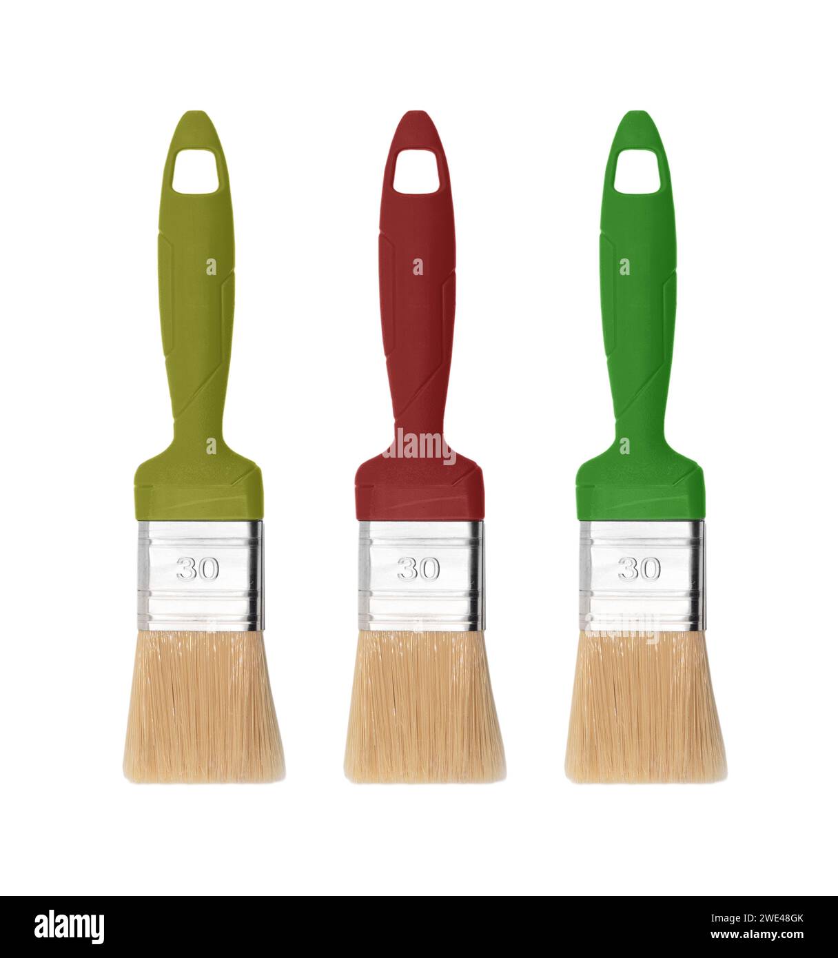 Clean new three paint brush isolated on white background. Handle paint ...