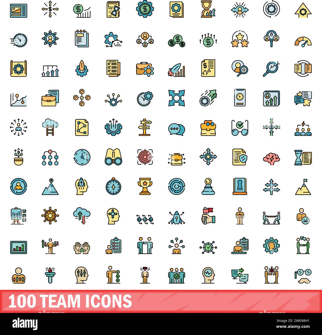 100 team icons set. Color line set of team vector icons thin line color ...