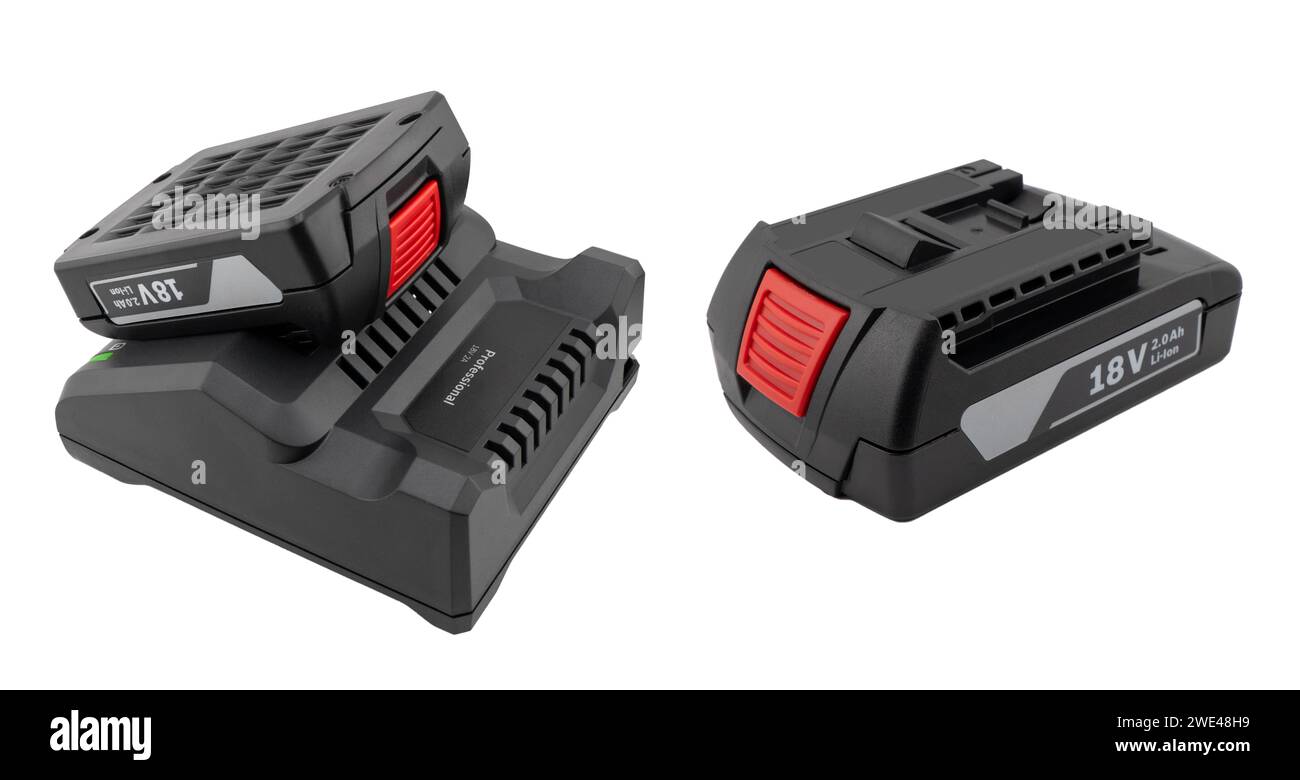 Black lithium-ion battery and charging station isolated on white ...