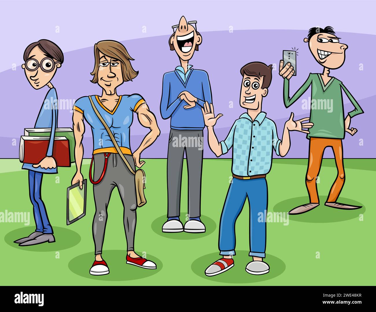 Cartoon illustration of funny young men comic characters group Stock ...
