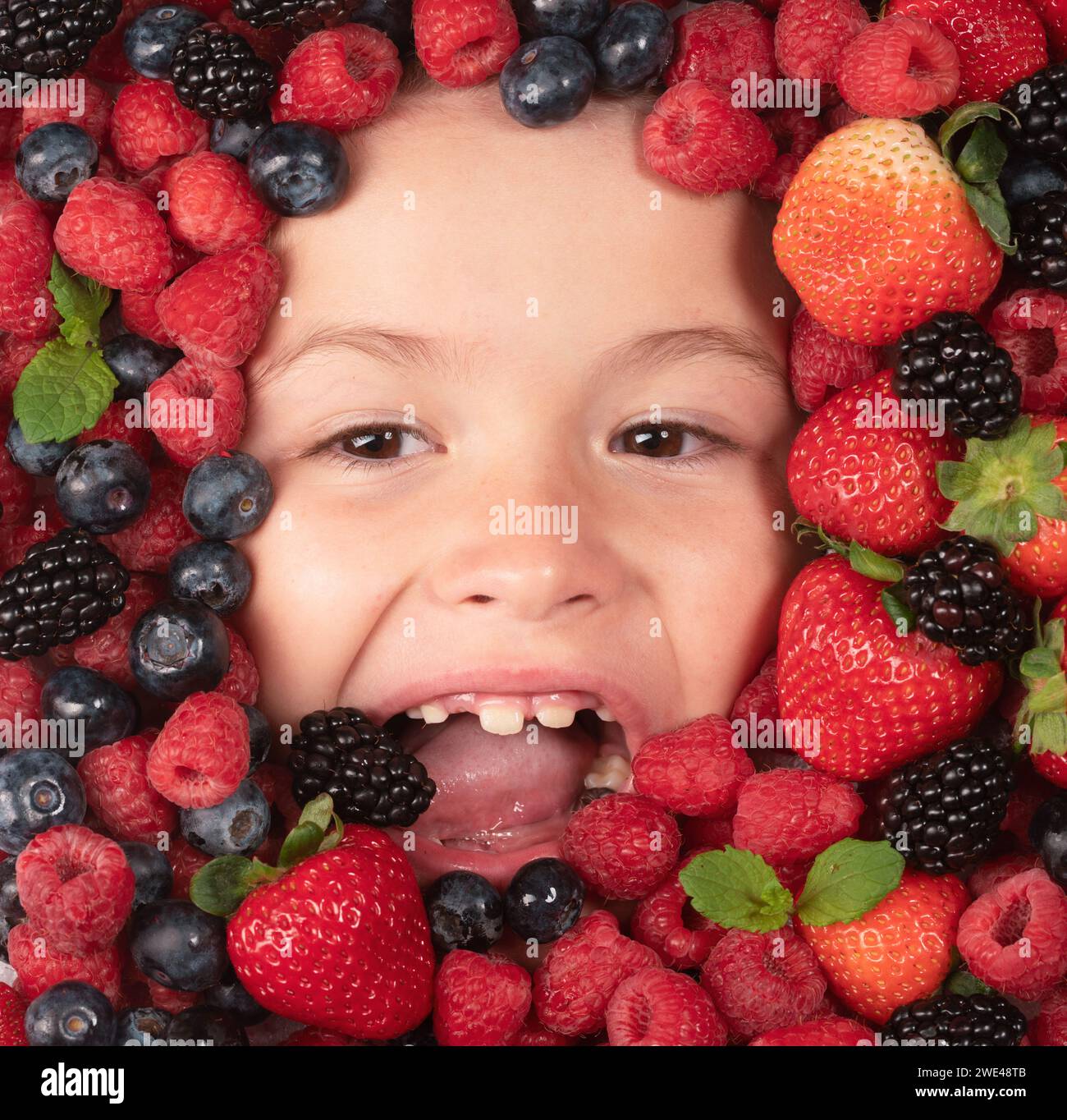 Healthy food for kids. Berries mix of strawberry, blueberry, raspberry ...