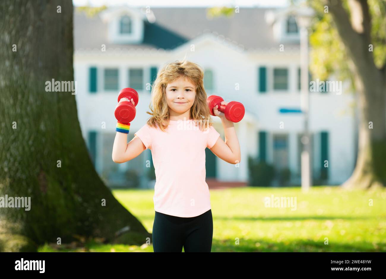 Kids morning sports exercises. Sporty portrait kids. Fitness child with ...