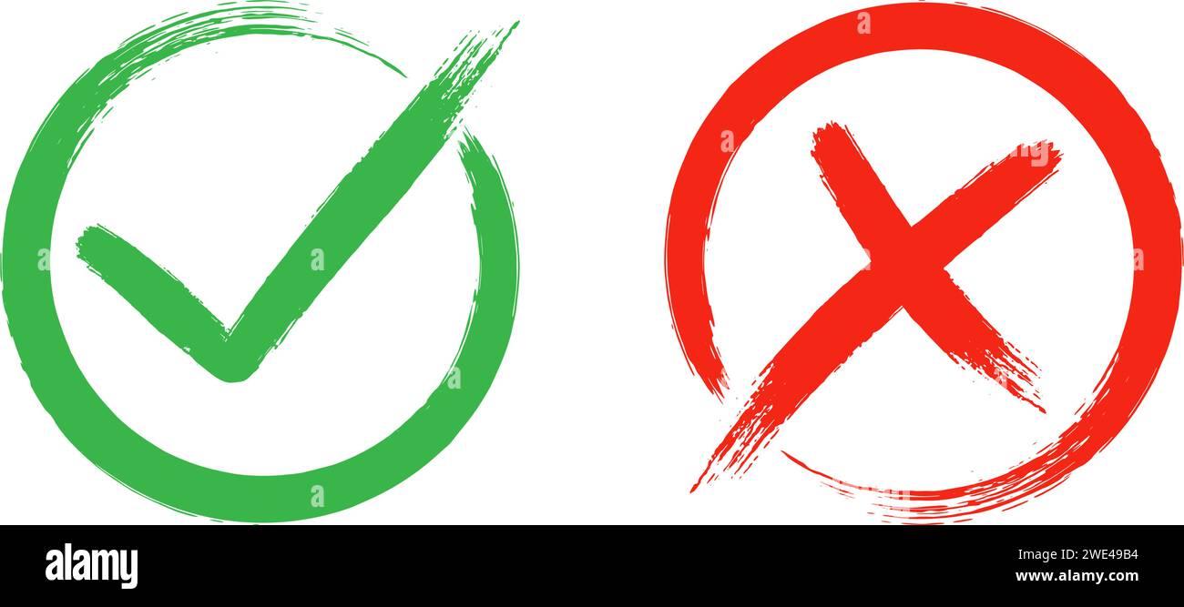 Two dirty grunge cross x and tick OK check marks in check boxes, hand ...