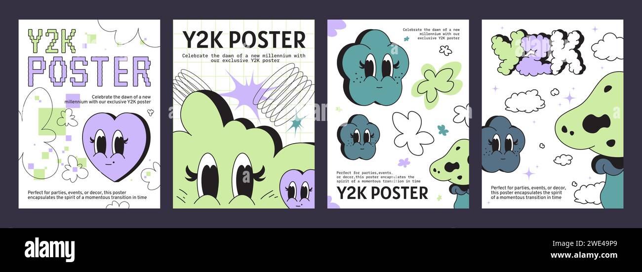 Y2k vibe posters with heart and cloud shape emoji. Vector cartoon ...