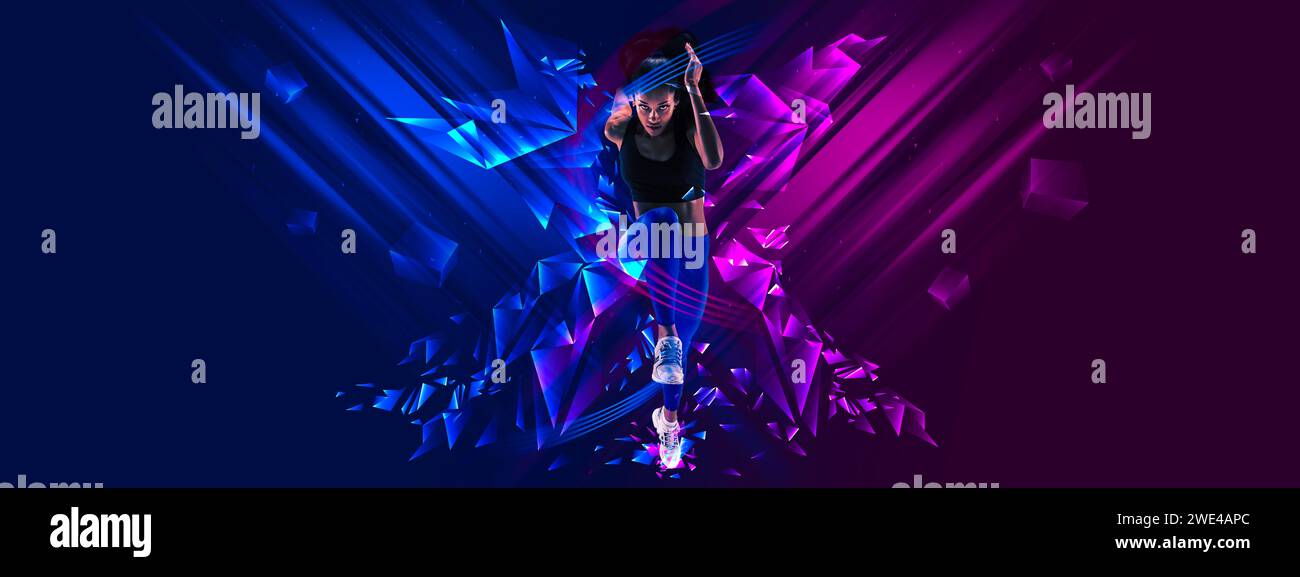 Young girl, professional runner athlete in uniform training, running on ...