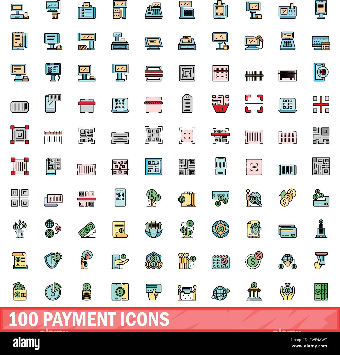 100 payment icons set. Color line set of payment vector icons thin line ...