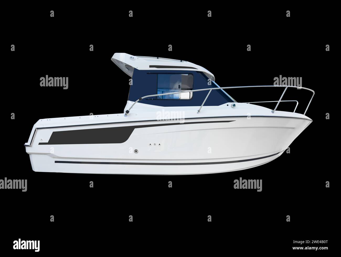 White fishing motor boat isolated on black background. Side view modern ...