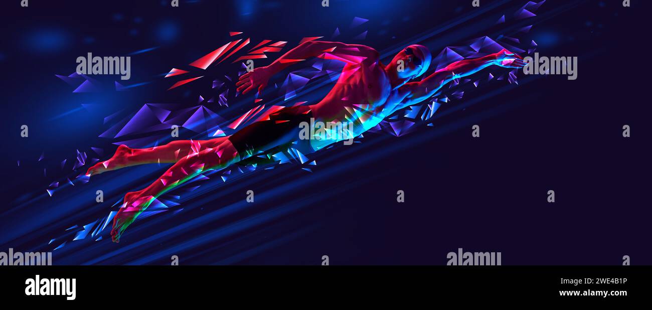 Professional male swimmer in swimming cap and goggles in motion on blue ...