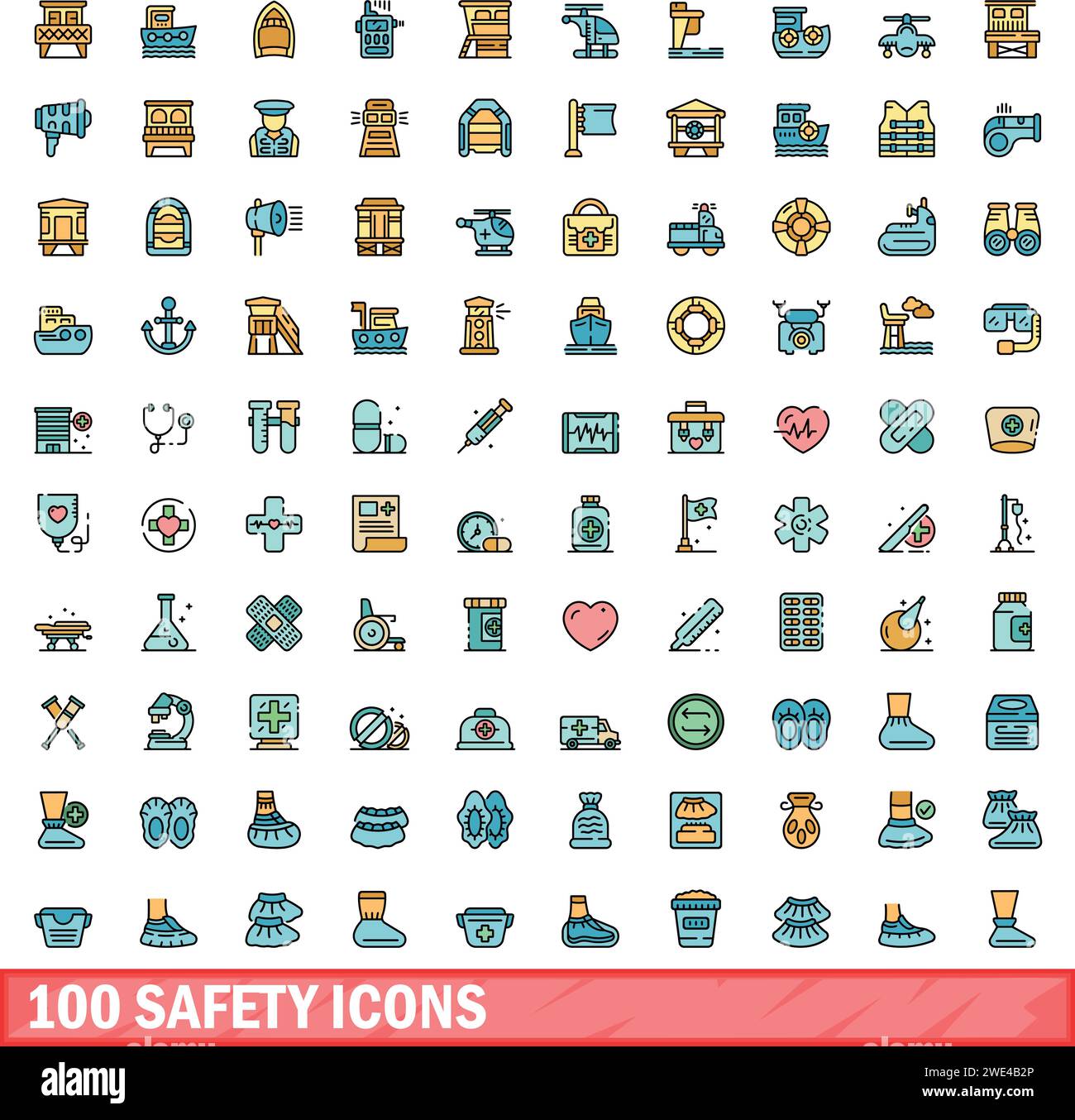 100 safety icons set. Color line set of safety vector icons thin line ...