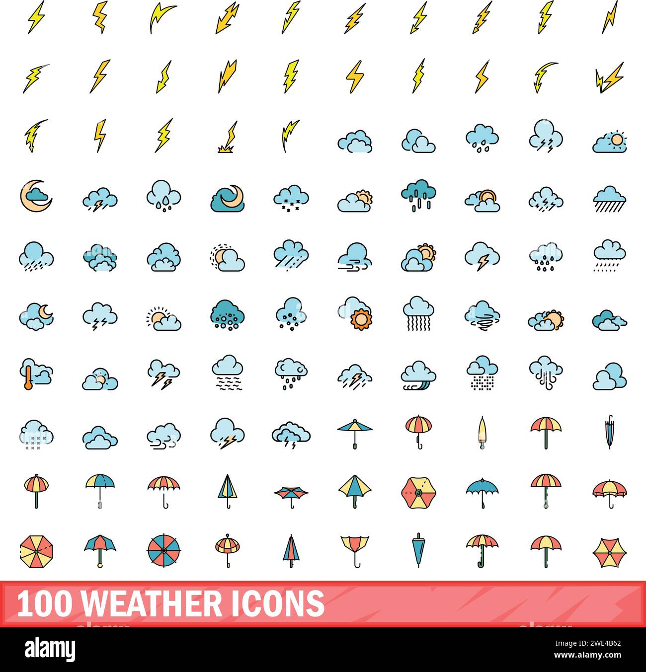 100 weather icons set. Color line set of weather vector icons thin line ...