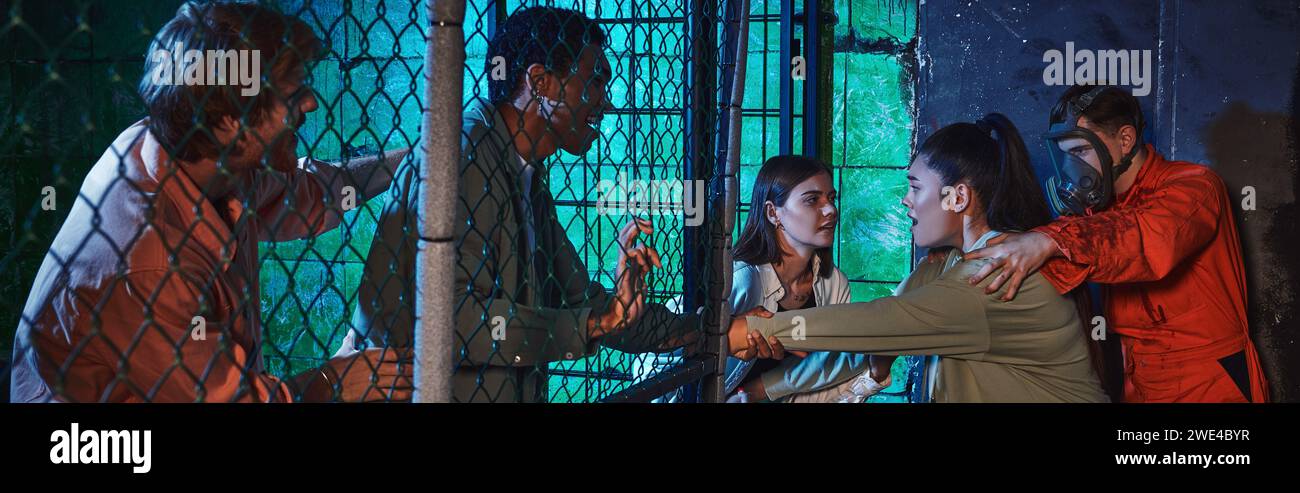 banner of interracial friends pulling hand on scared young woman while ...