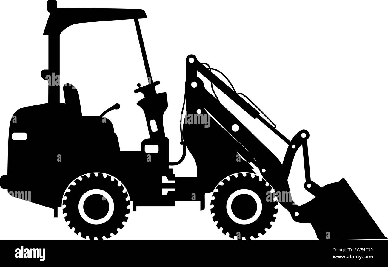 Silhouette of Compact Skid Steer Loader with Bucket and Wheels Icon in ...