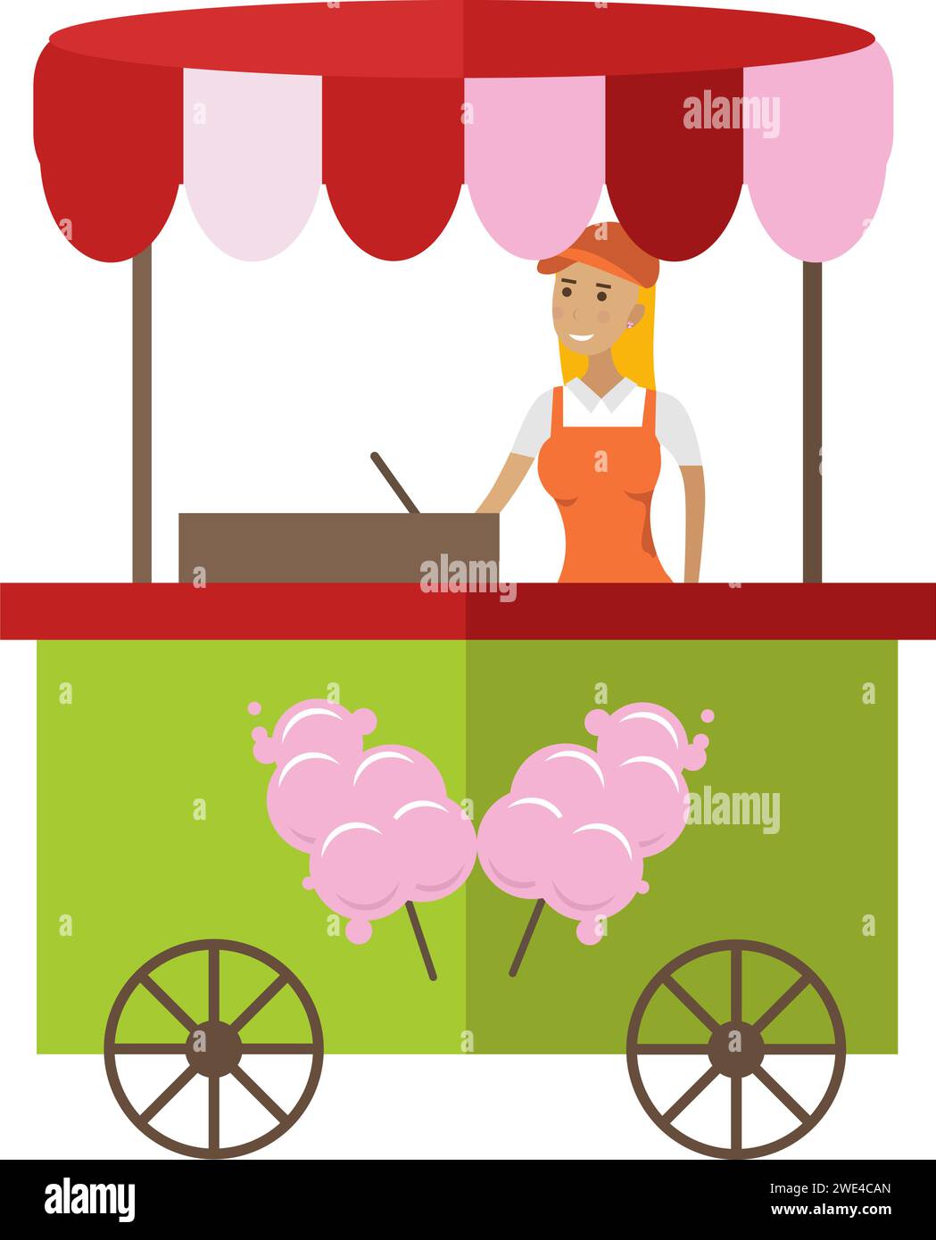 Vendor and ice-cream wheeled booth in amusement park vector icon ...