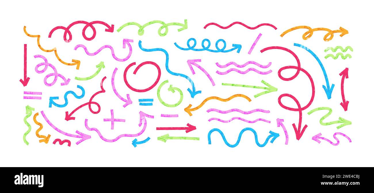 Colored set of wavy and squiggle arrows drawn by marker or hand-painted ...