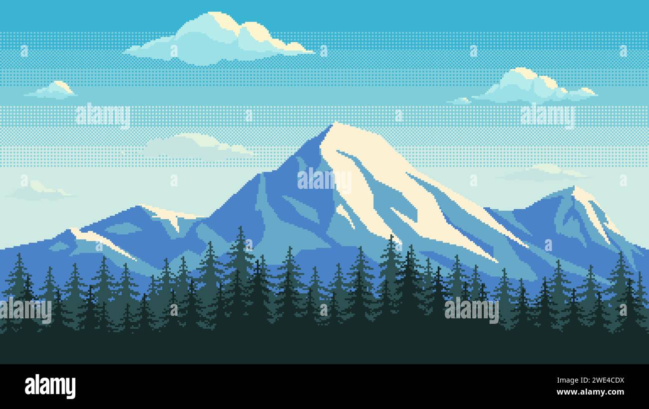 Pixel art mountains seamless background. Landscape with mountain peaks, clouds and forest for ...
