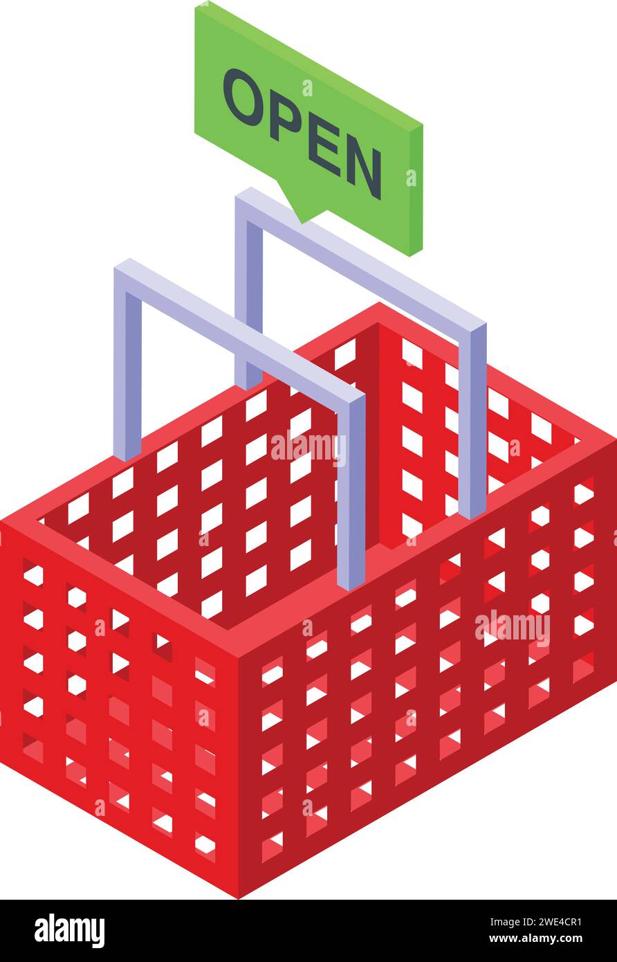 Open shop red basket icon isometric vector. Sign open mall. Door city ...