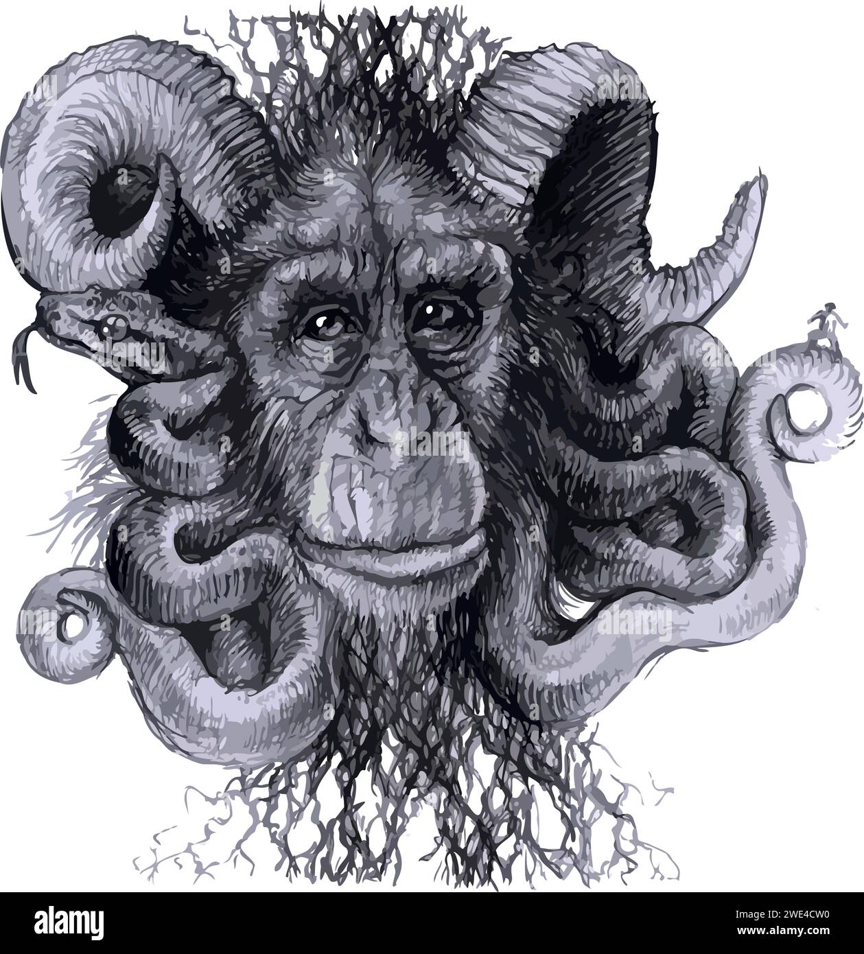 monkey with ram's horns on a white background-illustration Stock Vector ...