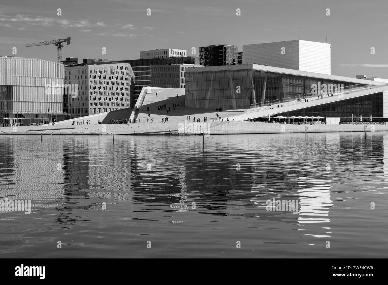 Black and white image of the Oslo Opera House, Norway, on a summer's ...