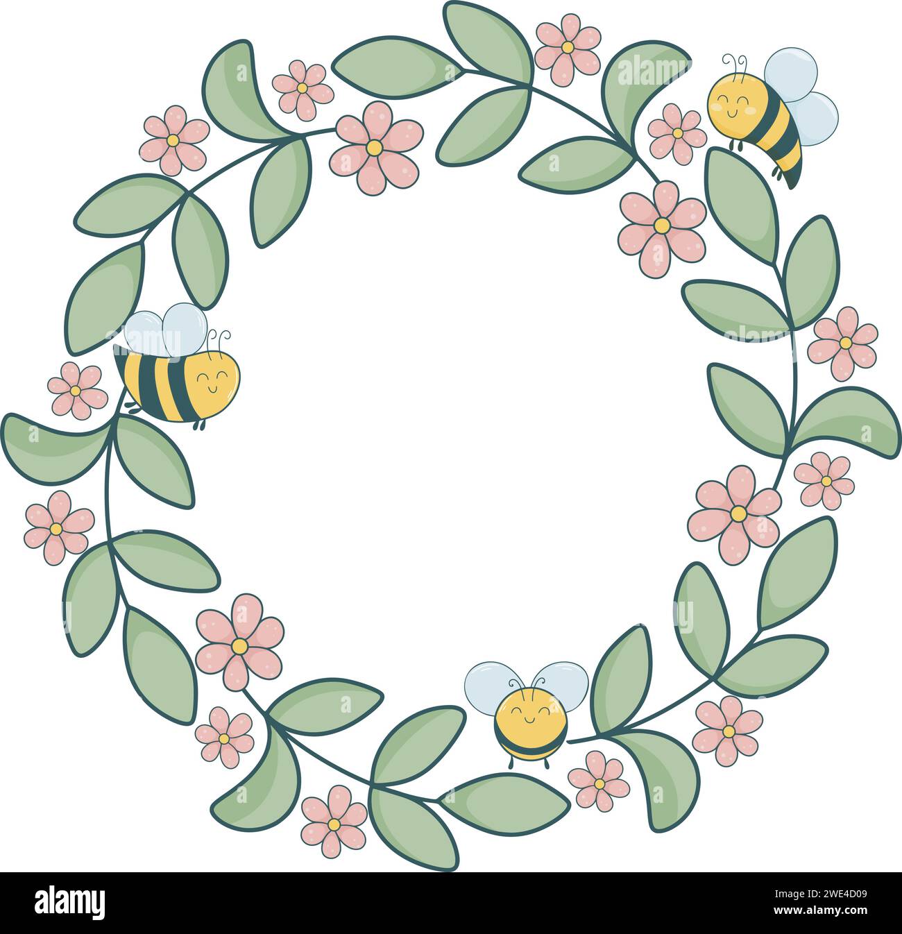 Summer circular floral frame with bees, isolated vector illustration ...