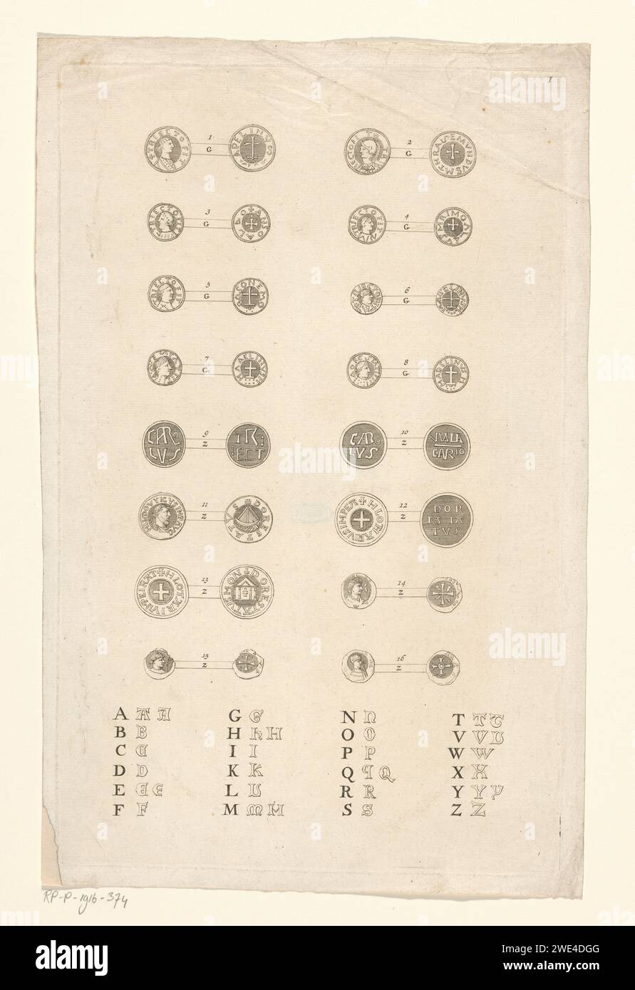 Sheet with sixteen coins, anonymous, 1700 - 1900 print The front and ...
