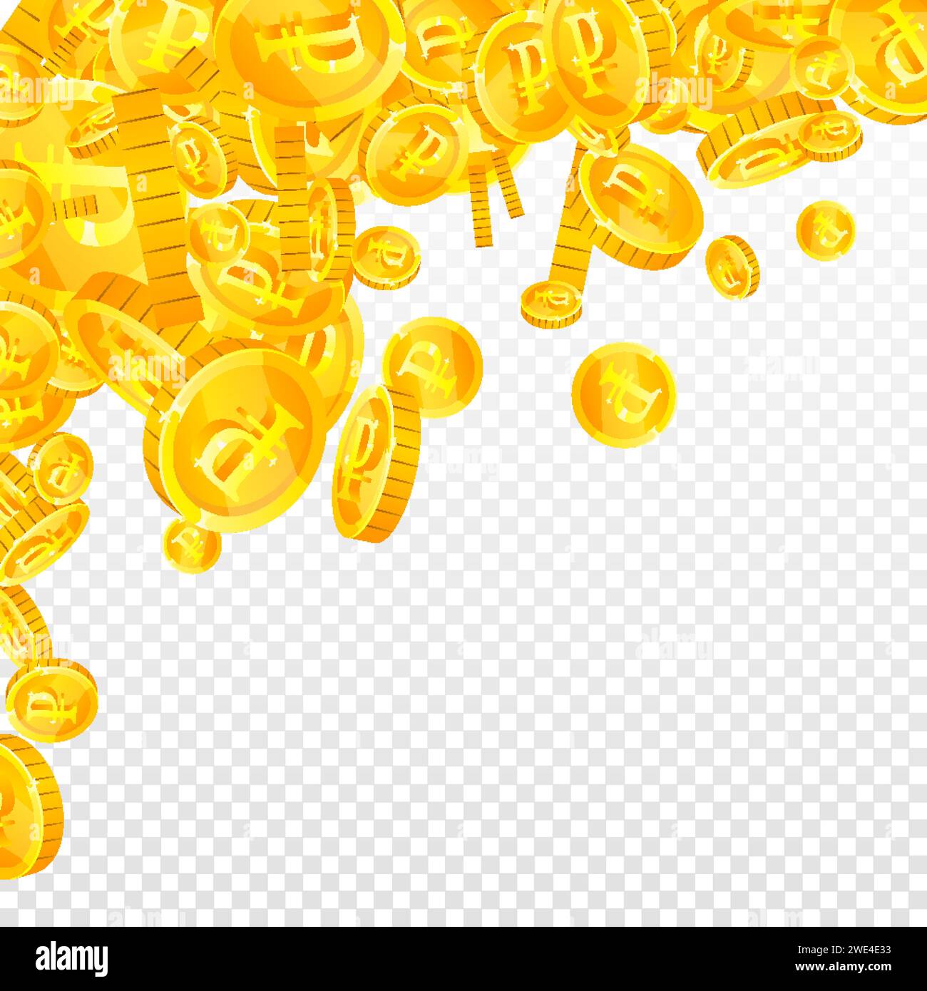 Russian ruble coins falling. Scattered gold RUB coins. Russia money ...