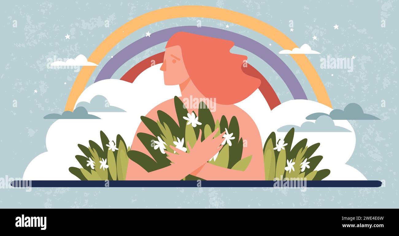 A satisfied woman, feeling self-love, bliss, harmony, good mood. The ...