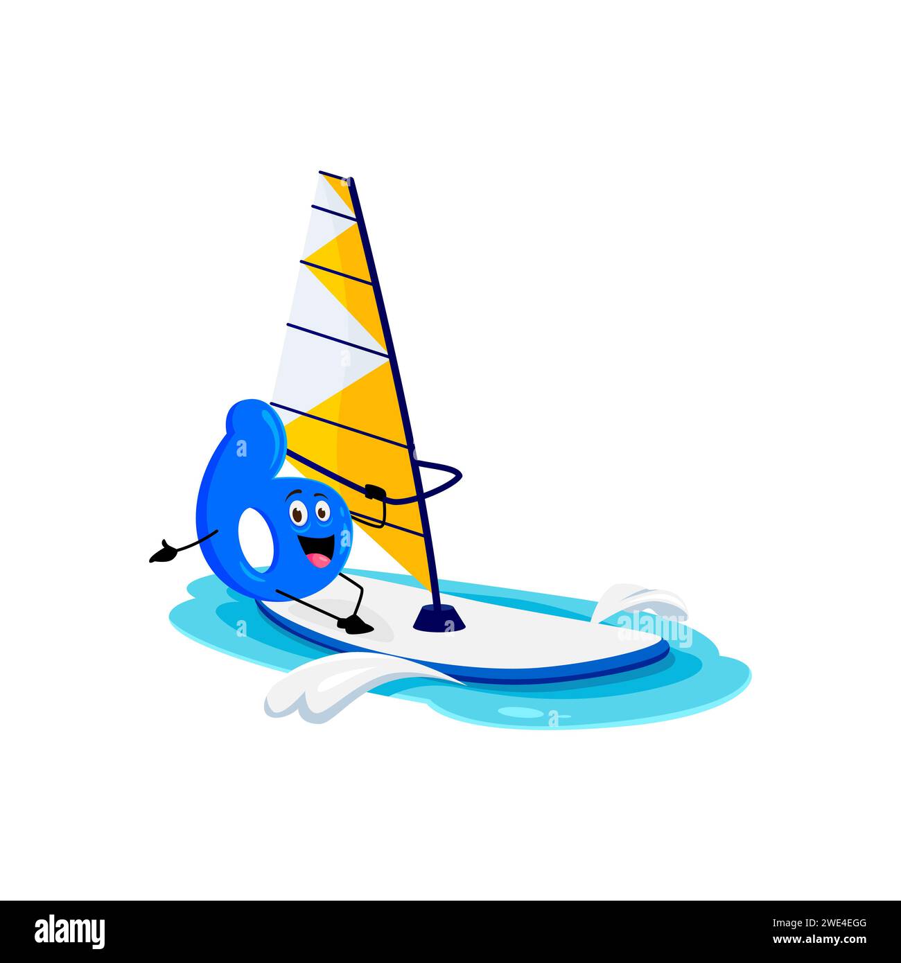 Cartoon cheerful math number six character rides the waves on a ...
