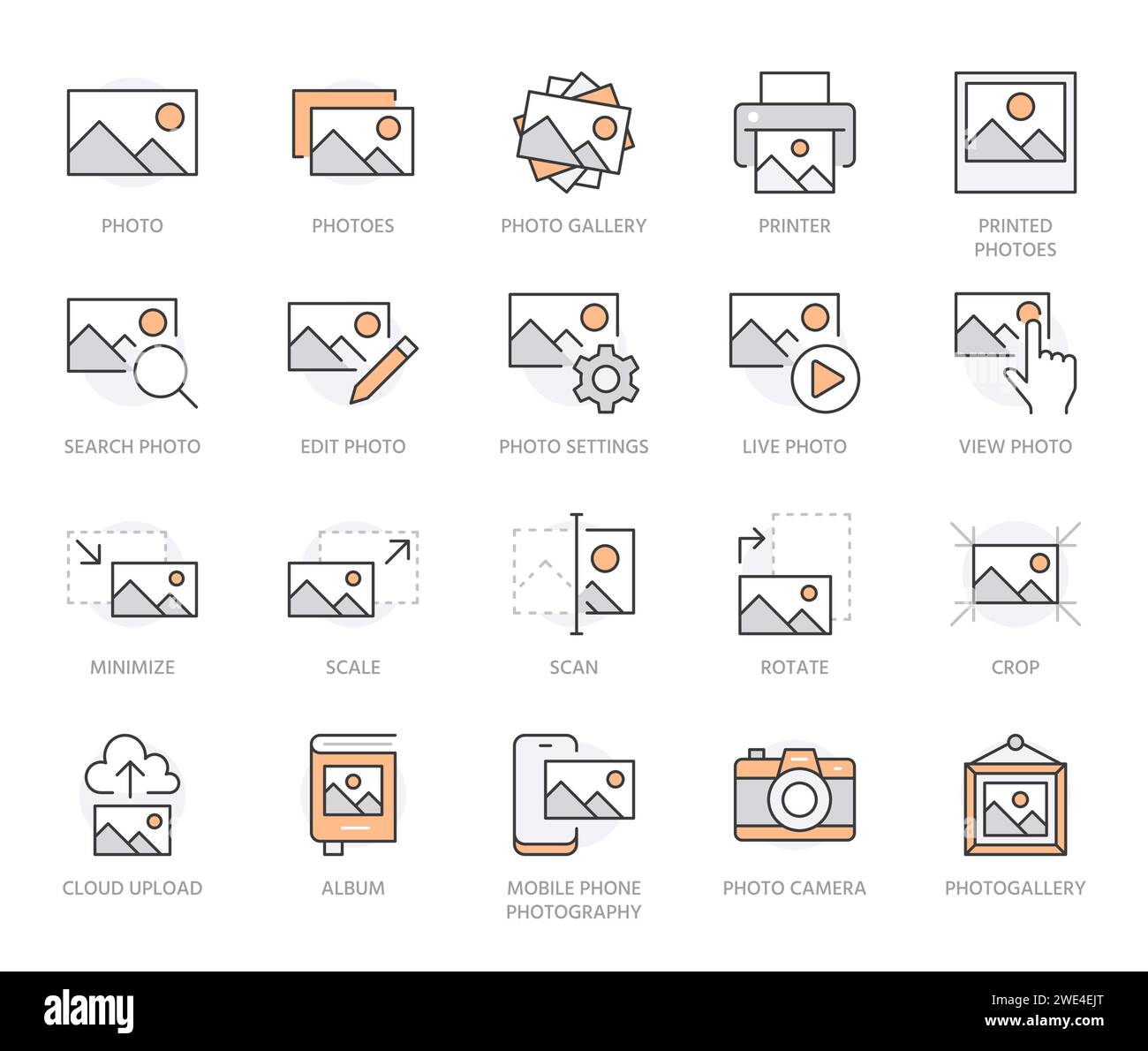 Photo line icon set. Image gallery, picture frame, printer, file resize, camera minimal vector ...