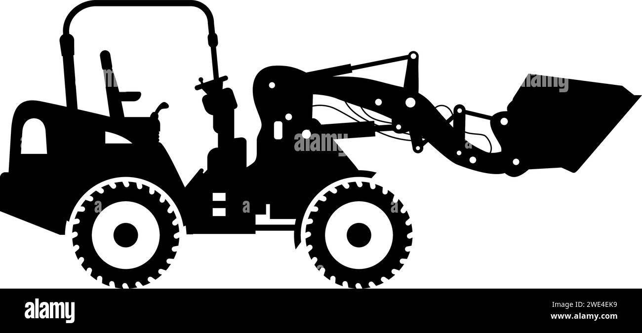 Silhouette of Compact Skid Steer Loader with Bucket and Wheels Icon in ...