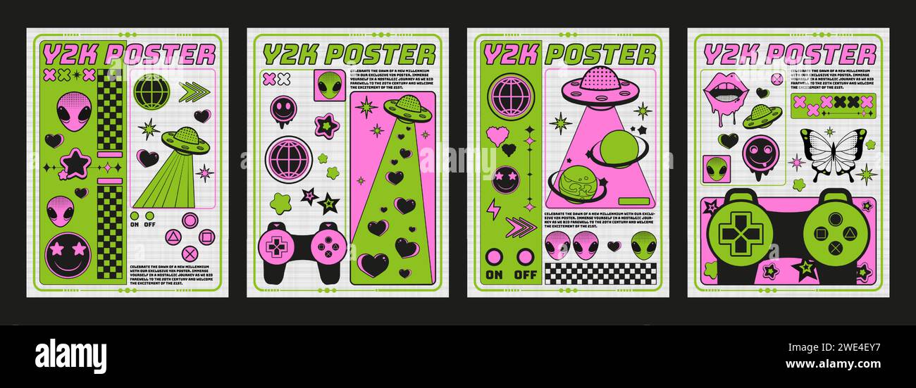 Y2k poster design with retro elements of alien face and ufo, gamepad ...