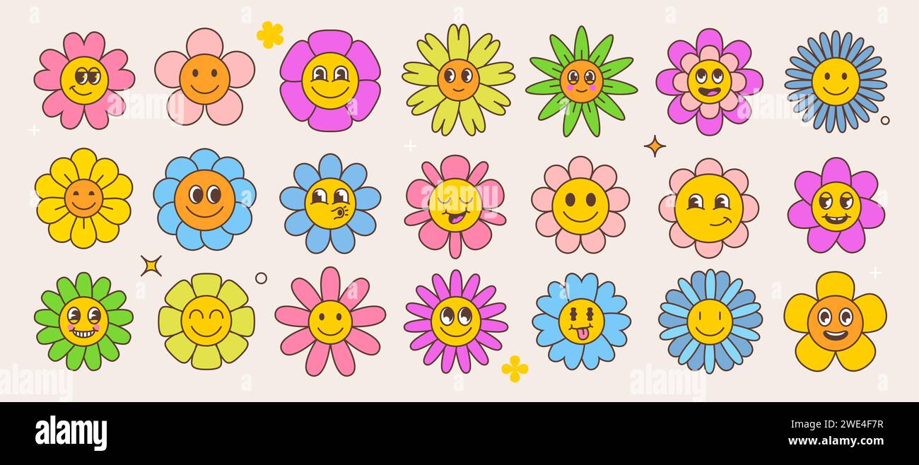 Retro groovy hippie daisy sunflower flowers cute happy characters ...