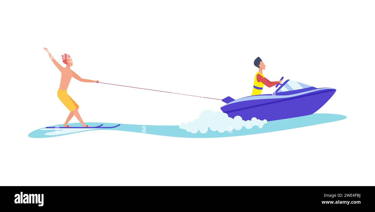 Young man enjoying water skiing in sea or ocean wave, standing on ...