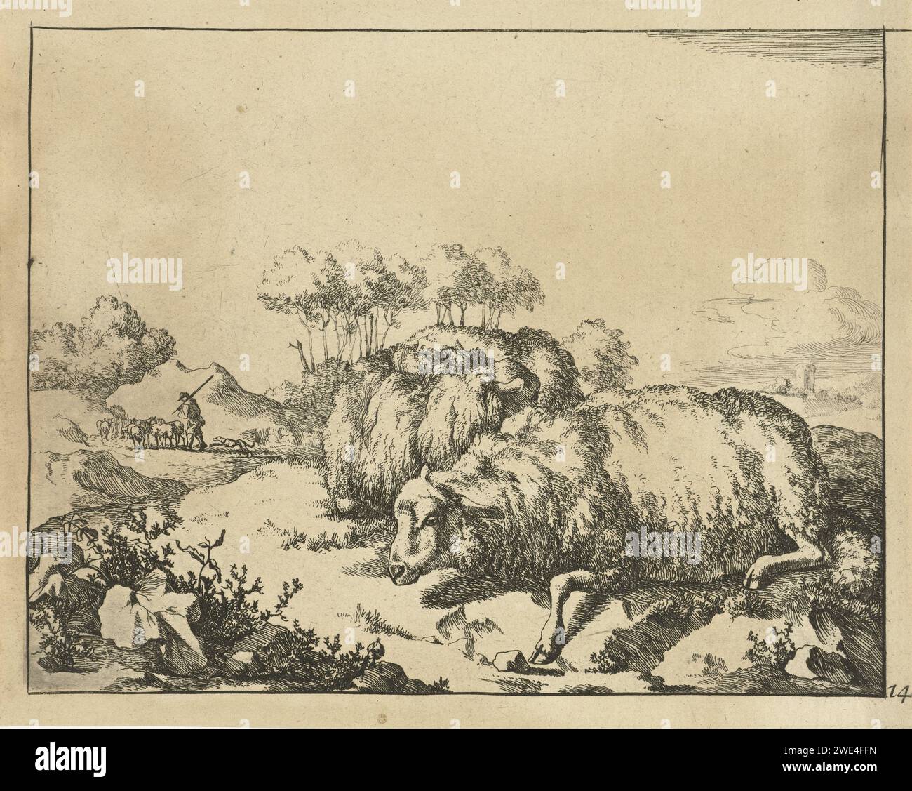 Two sheep, lying, with shepherd in the background, Marcus de Bye, 1728 ...